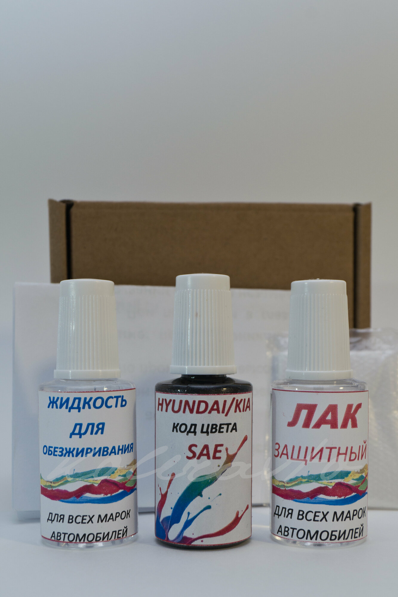 Подкраска для сколов во флаконе с кисточкой SAE для KIA / Hyundai Серый Металлик, Carbon Grey, краска+лак+обезжириватель 3 предмета