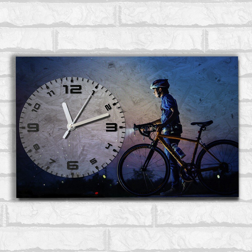 Настенные бесшумные часы ОСБ со смещенным циферблатом Спорт Велосипед (цветы, байк, Небо, милота, Подарок для брата, папы) - 892