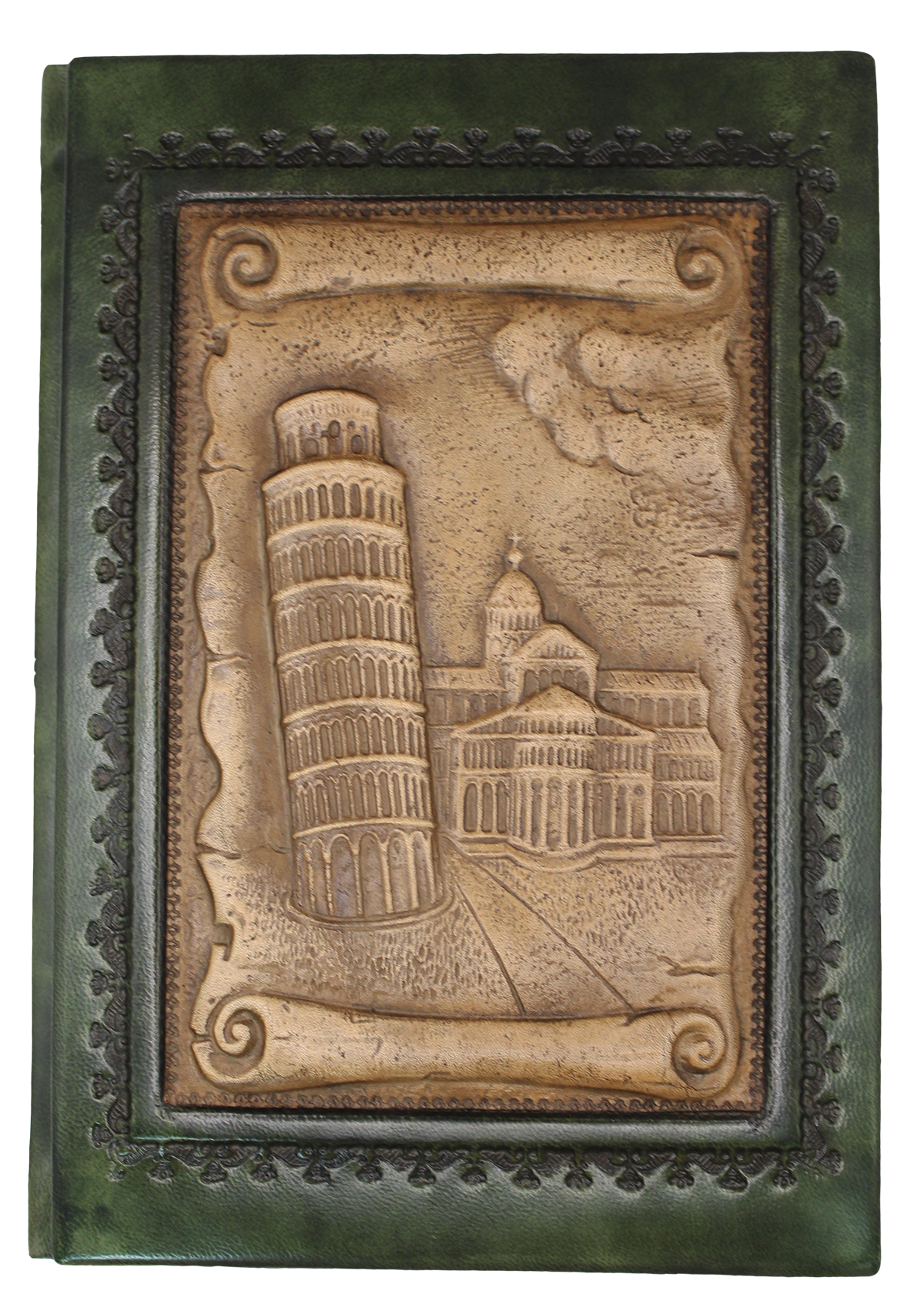 Ежедневник ручной работы из натуральной кожи "Пизанская башня" 15х22. Зеленый.