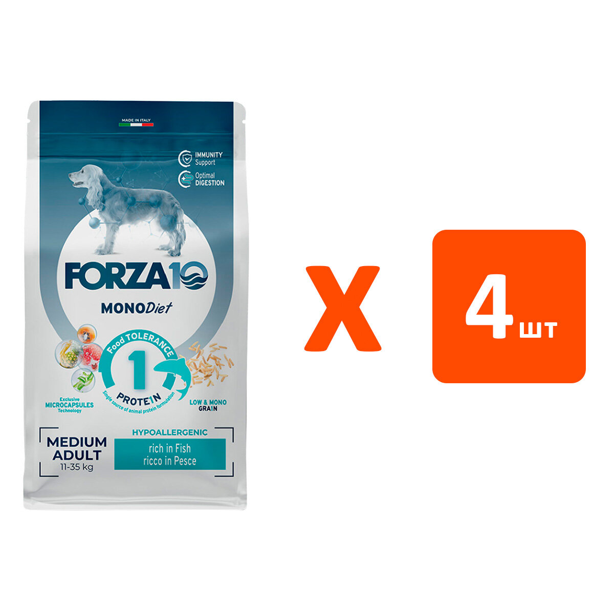 FORZA10 DOG MEDIUM MONODIET монобелковый для взрослых собак средних пород при аллергии с рыбой 1,5 кг х 4 шт