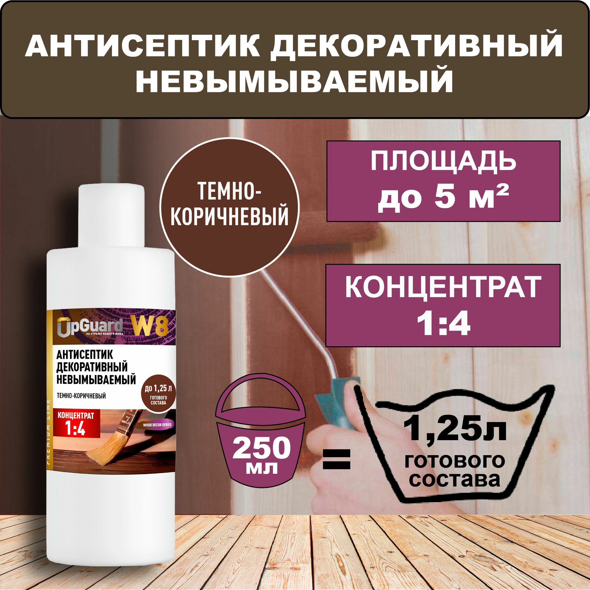 Антисептик для дерева декоративный невымываемый W8, концентрат 1:4. Тёмно-коричневый, 250 мл.