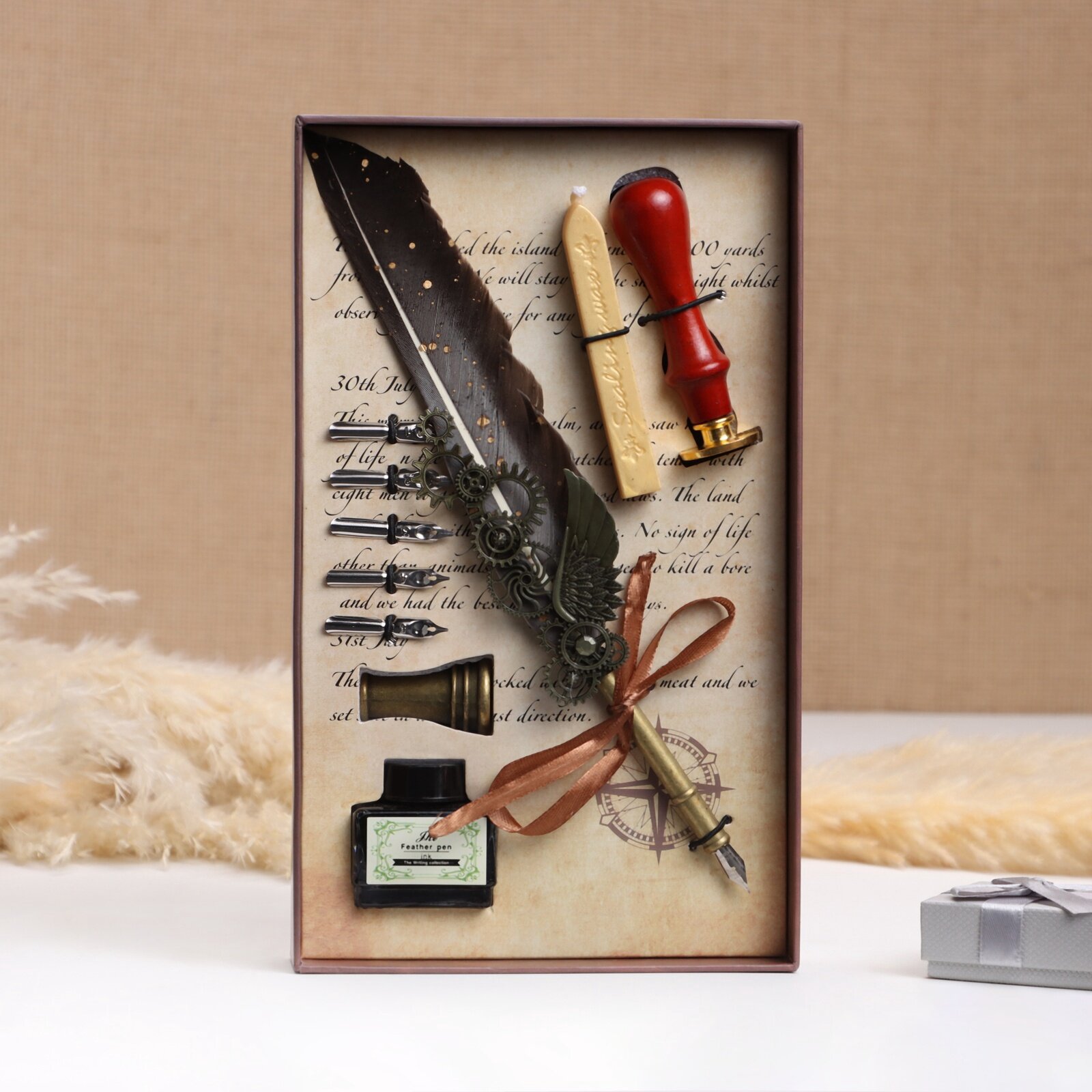 Набор подарочный 5 в 1 «Стимпанк»: перьевая ручка черная, чернила, наконечники, печать, воск