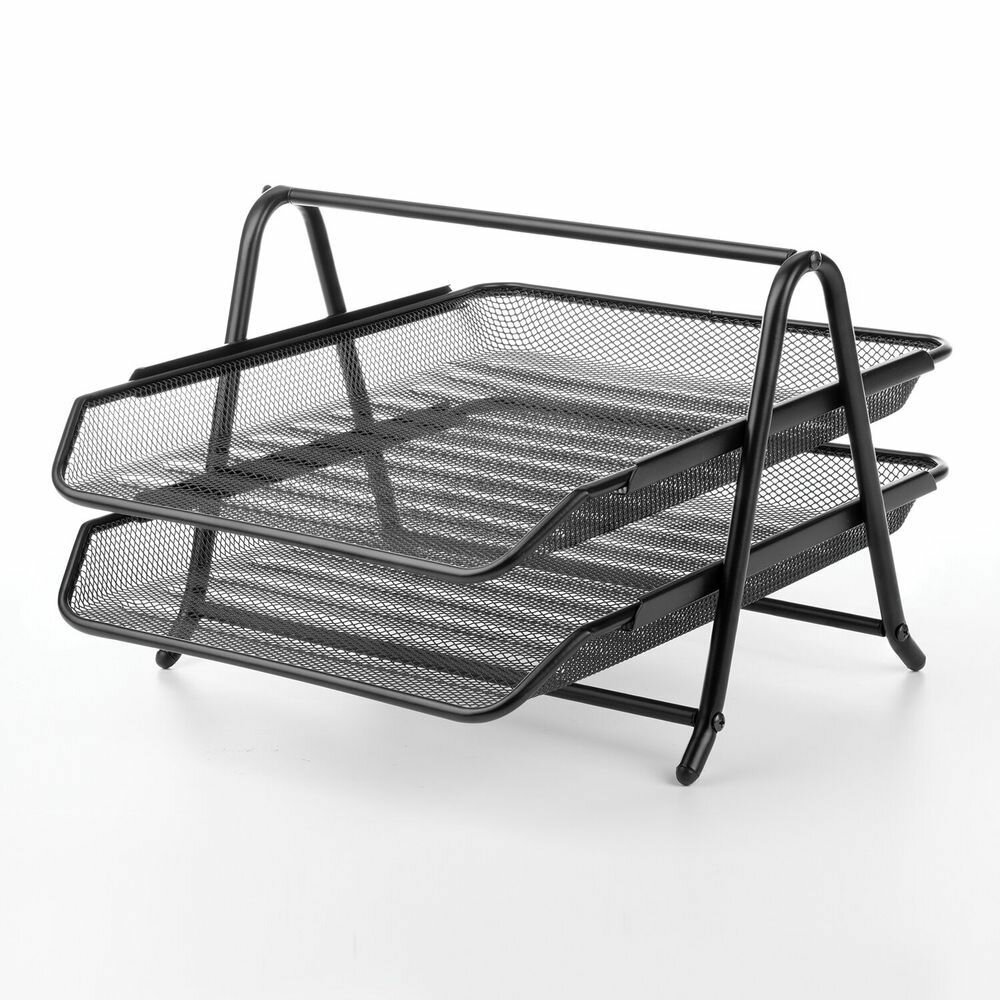 Лоток горизонтальный металлический для бумаг, 2 секции, BRAUBERG "Germanium", А4 (355х205х295 мм), черный (3 штуки в упаковке)