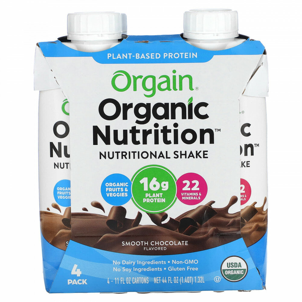 Orgain, Organic Nutrition, коктейль из растительных протеинов, нежный шоколад, 4 пакетика по 330 мл (11 жидк. унций)