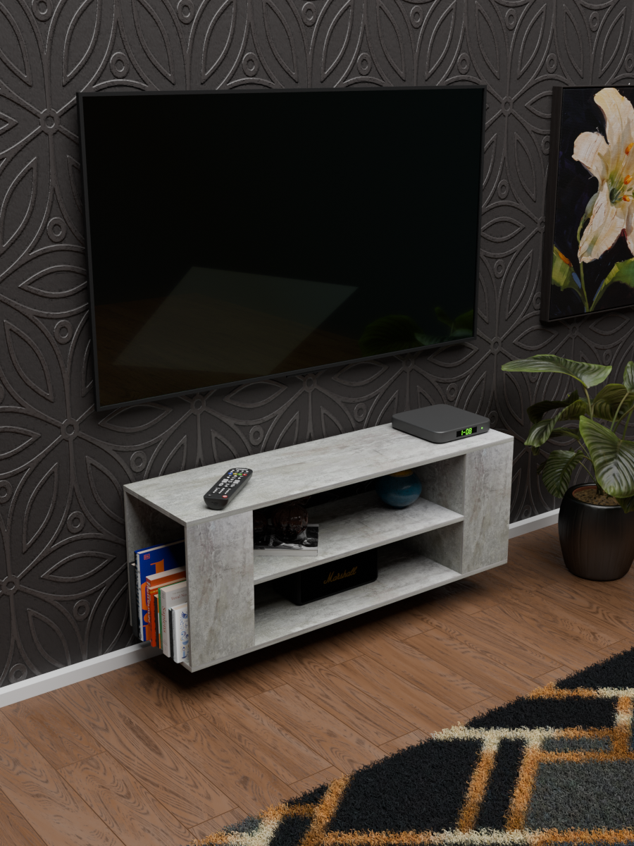 Тумба под телевизор подвесная напольная цвет оксид бетон серый из материала ЛДСП