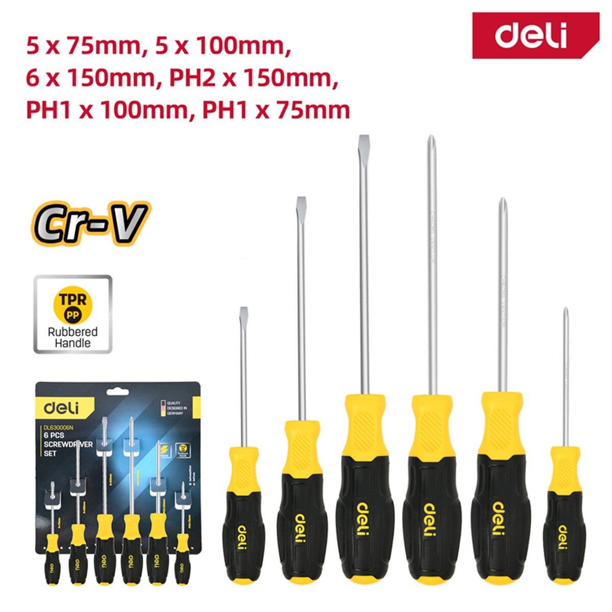 Набор отверток 6шт Deli DL630006N (SL5/PH1x75, SL5/PH1x100, SL6/PH2x150, сталь Cr-V, прорезиненная рукоять)