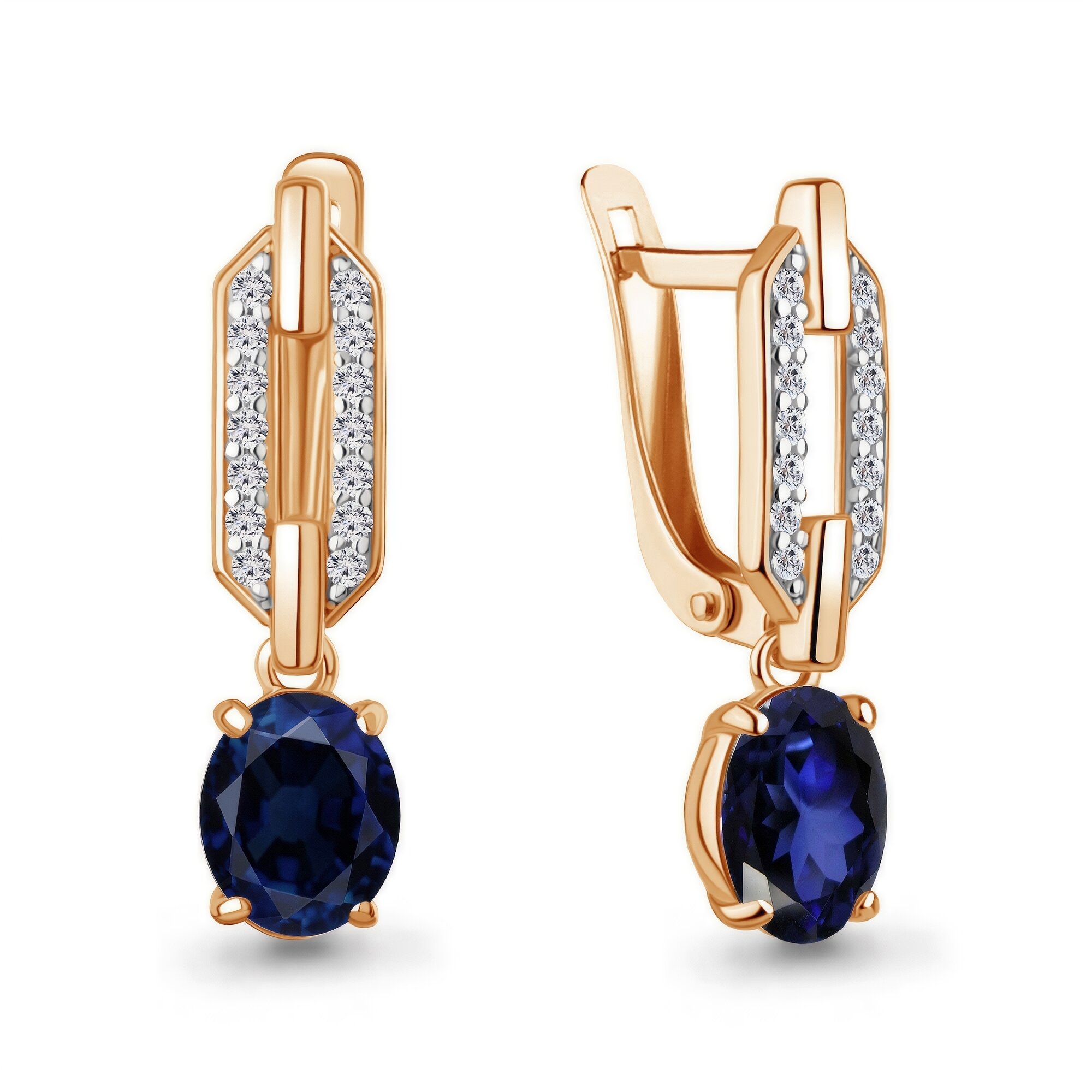 Серьги, серебро, 925 проба, золочение, сапфир синтетический, фианит