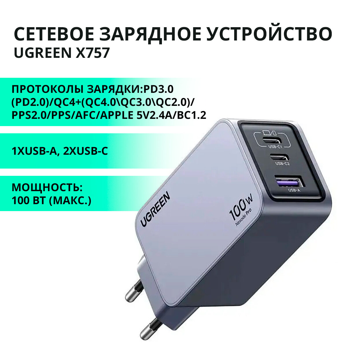 Сетевое зарядное устройство UGREEN Nexode Pro X757 PD GaN, 100Вт, USB-A, 2хUSB-C с кабелем 1м, серый (25874)