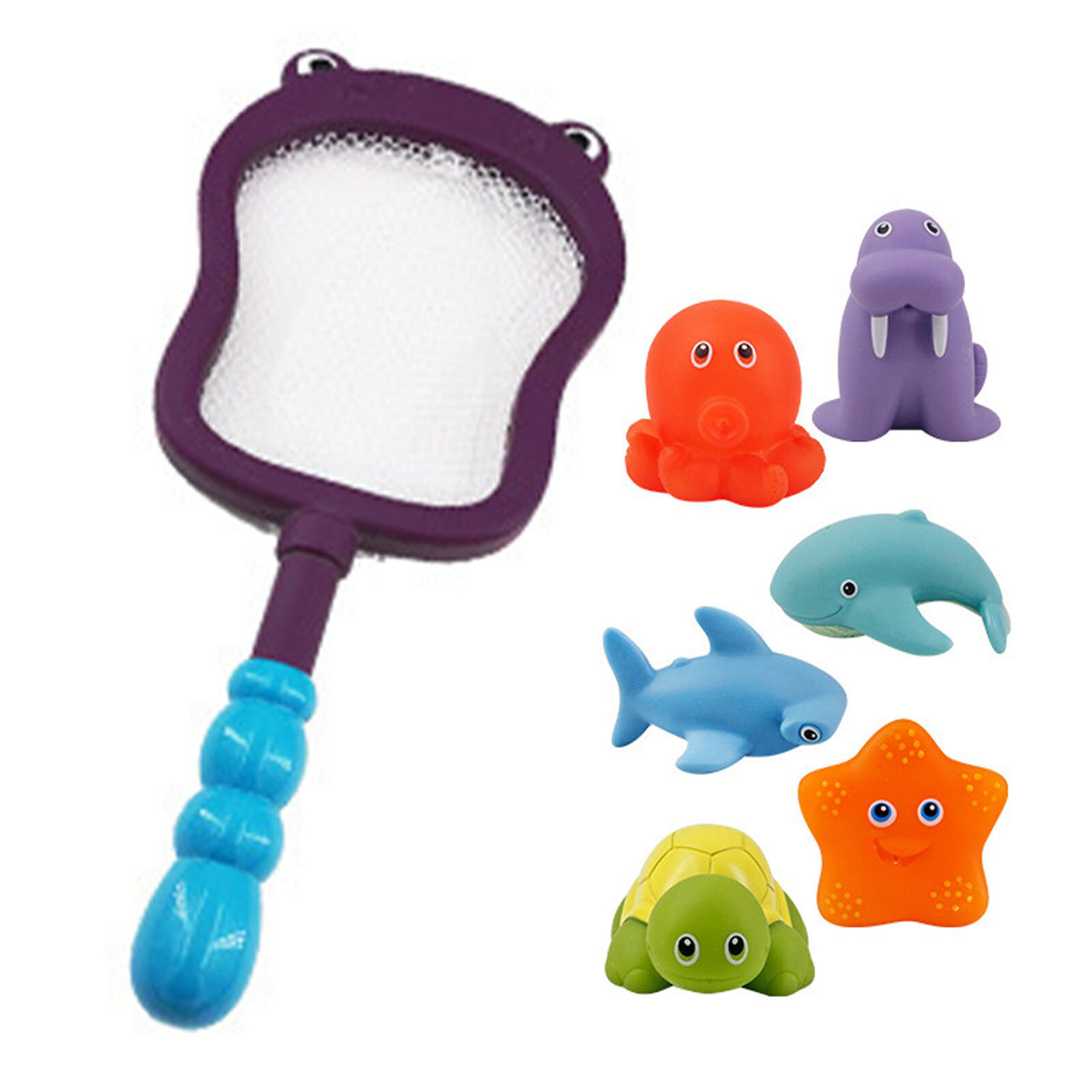 Яркая цветная игрушка для детской ванны с пищалкой BB, забавная игрушка для ванны в форме животного для дома, ванной, рыболовная сеть с бегемотом и 6 животными