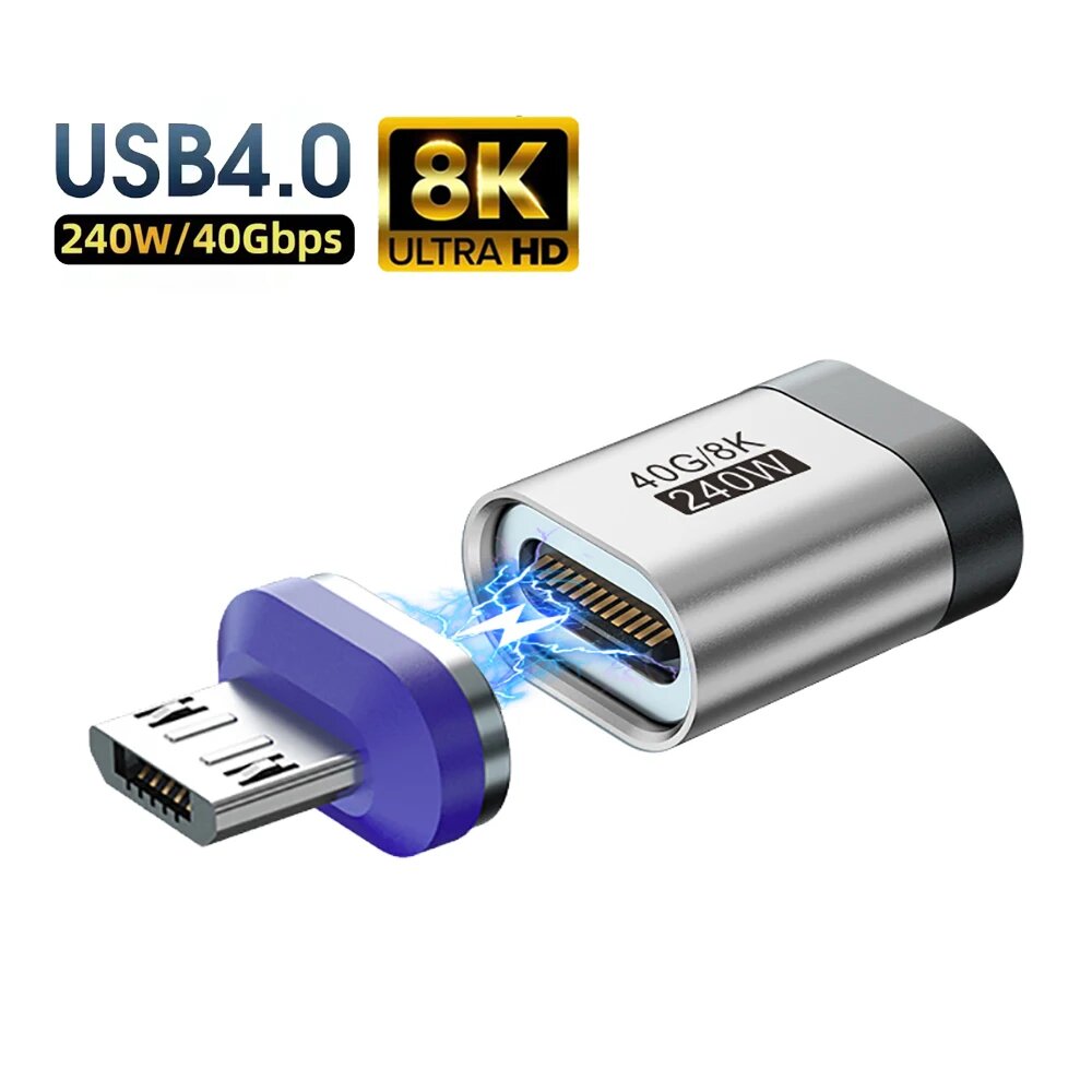 AUFU 24-контактный магнитный адаптер типа C 240 Вт 40 Гбит/с 8K 60 Гц магнитный преобразователь USB4 адаптер для ноутбука Thunderbolt 4/3 MacBook iPhone, 24pin Adapter Micro