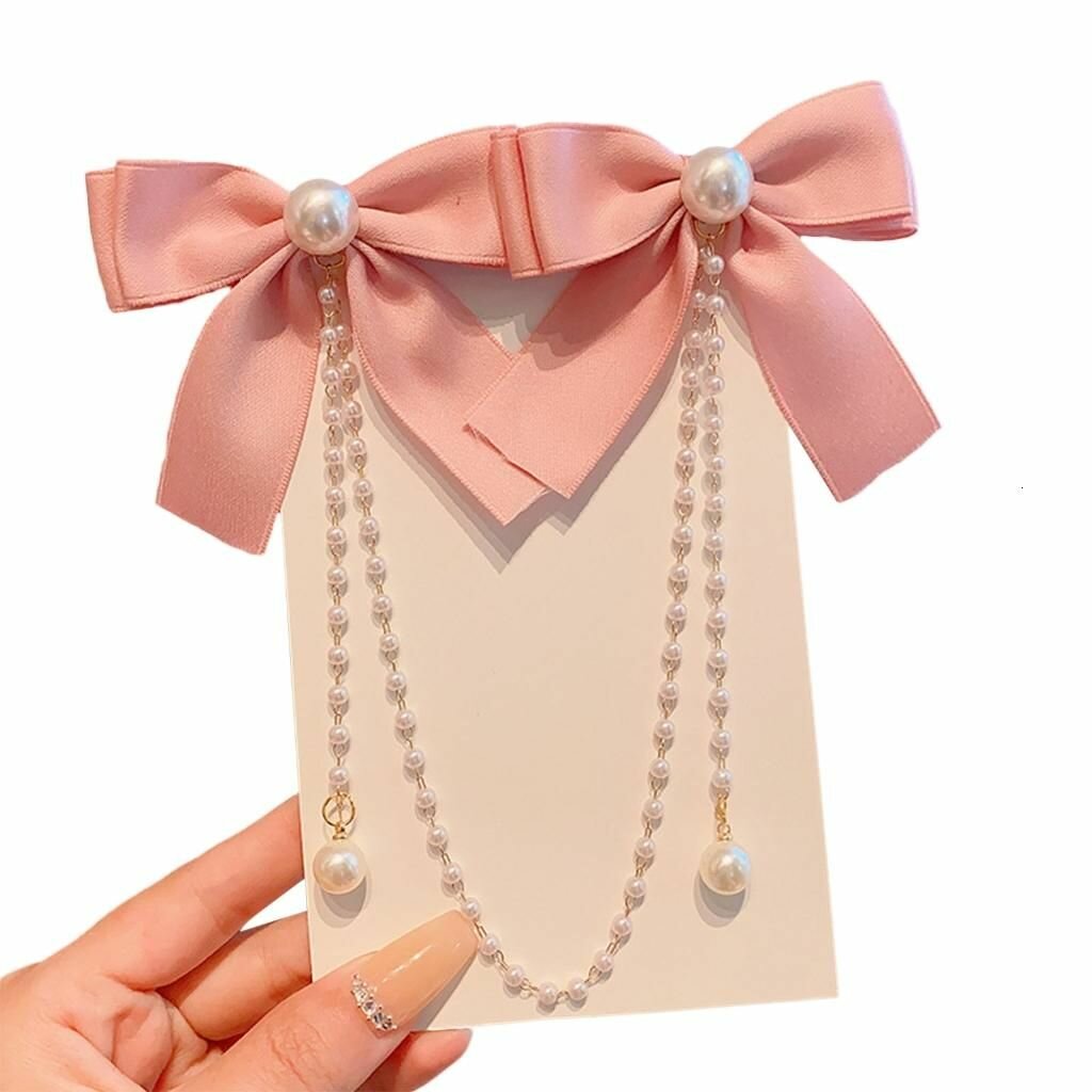 Детские заколки с двойными бантами и кистями из жемчуга, Розовый жемчужный бант