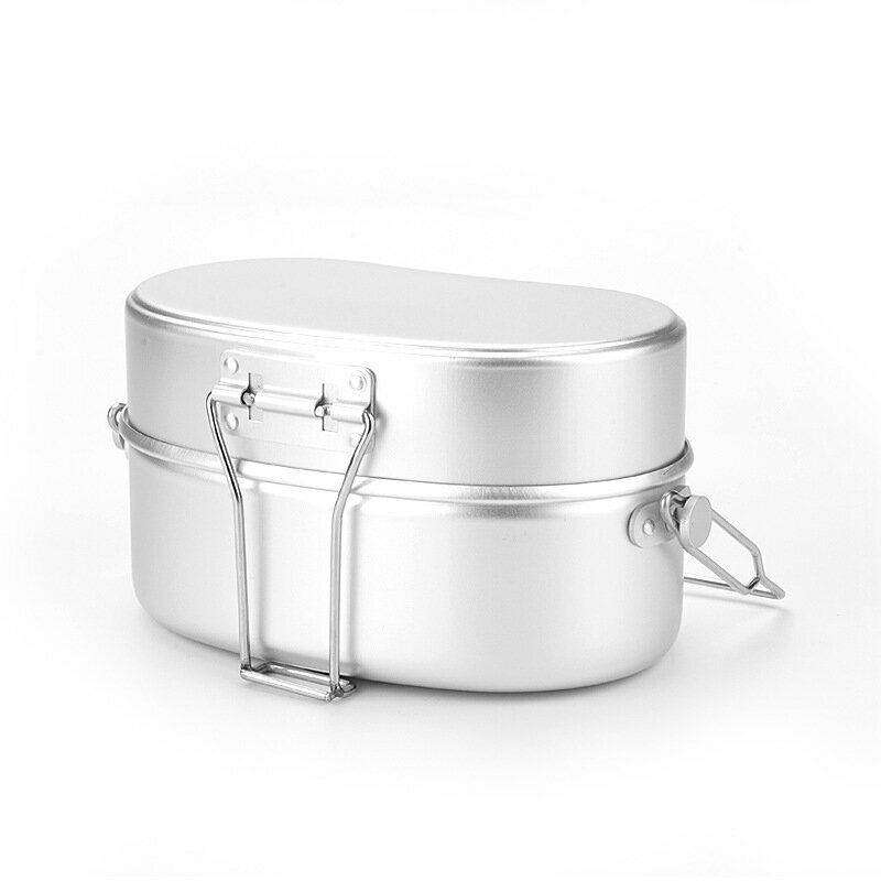 Ланчбокс для солдата немецкого стиля из алюминия, кемпинговый ланчбокс, двуслойный ланчбокс с ручкой, посуда для кемпинга и отдыха на открытом воздухе (чистый алюминий), вместимость 2-3 человека, вес 300 г