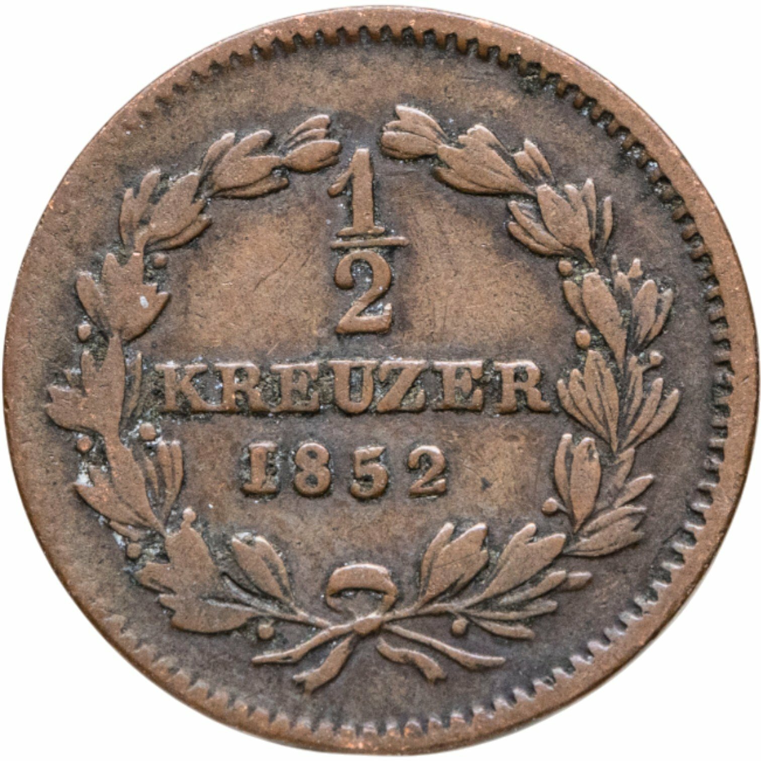 Германия, Баден 1/2 крейцера 1852, Медь, в сохранности VF