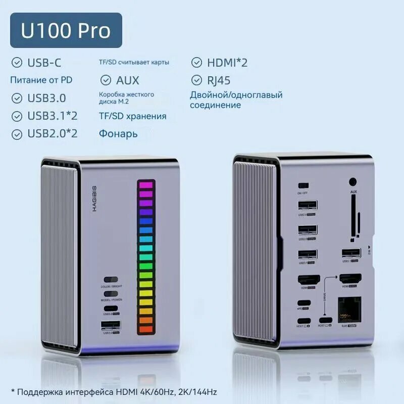 USB-HUB Hagibis 100pro 13-в-1 , Корпус для SD M2 Name накопителя, смартфона usb 3.1 PD100w зарядка, microSD, SD/TF. Ethernet адаптер сетевой/ RJ-45 переходник, HDMI 4k/60hz, светодиодная лента