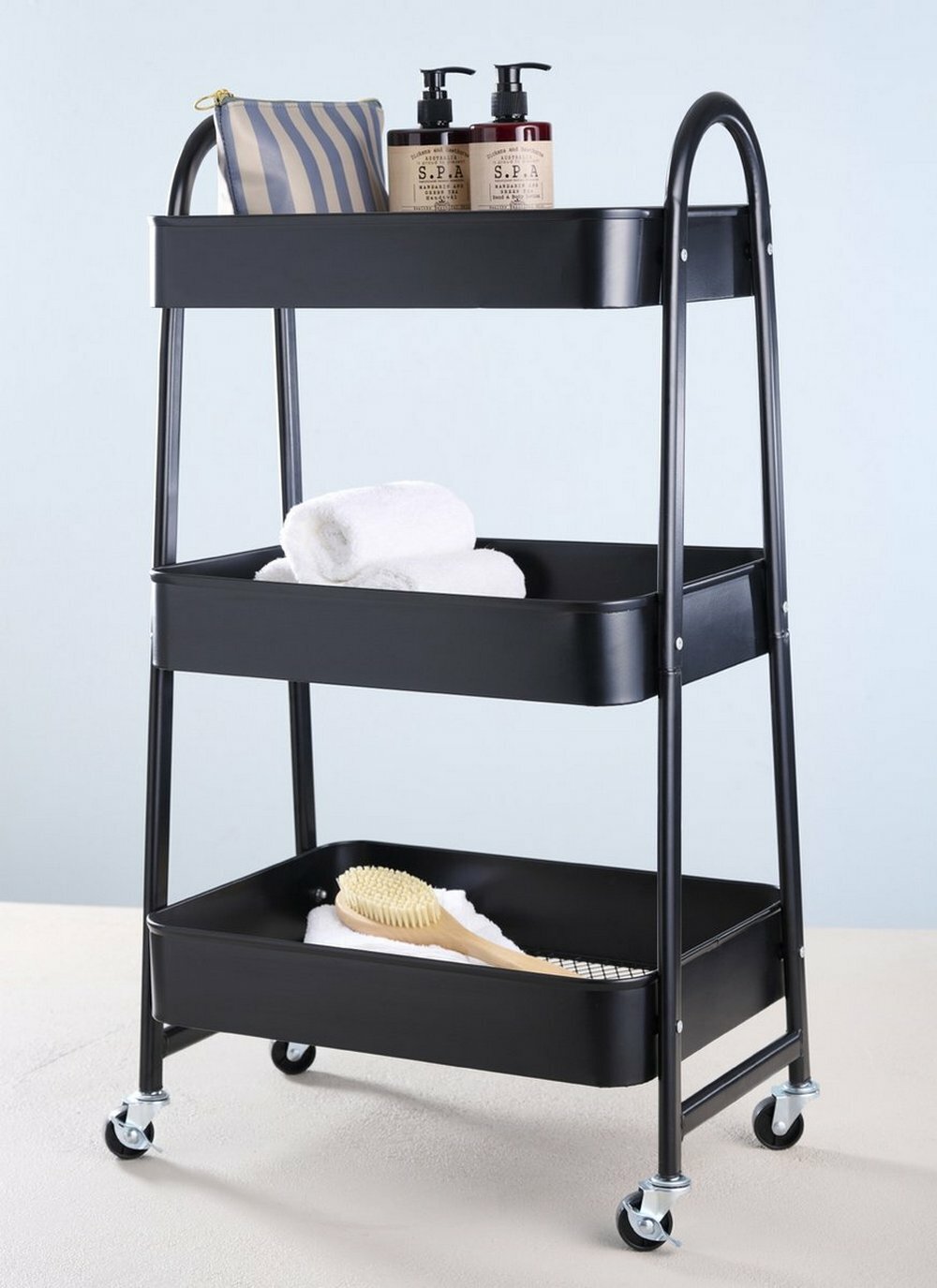 HESBY Этажерка металлическая Zenith Echo на колесиках с 3 полками разного размера, 42,5х29,5х75 см, черный