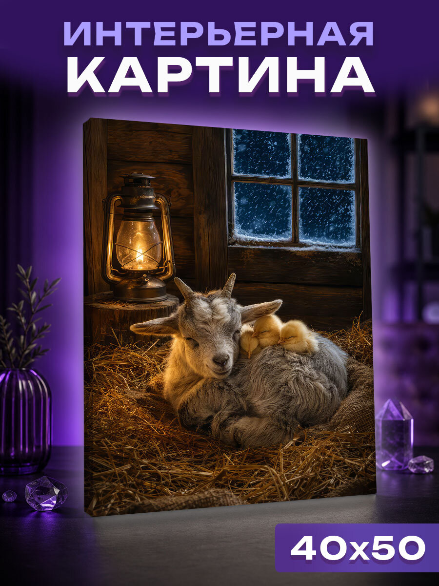 Интерьерная картина козленок и маленькие цыплята в соломе зимой