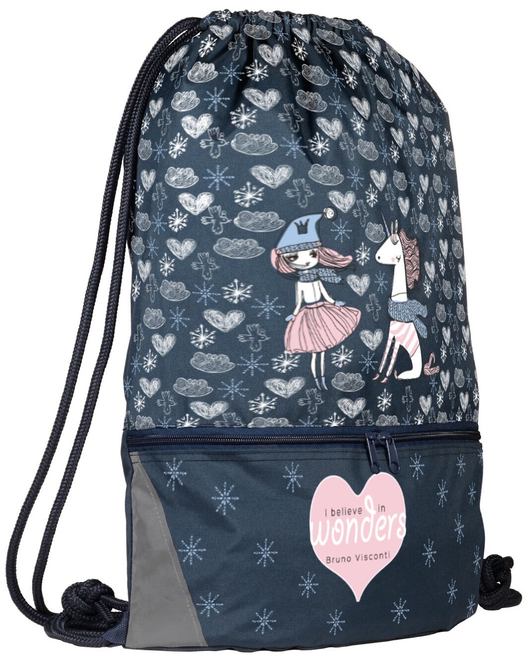 Мешок BrunoVisconti, для обуви двухсекционный синий 37 х 48 см, "девочка И единорог", 15-003-002/02