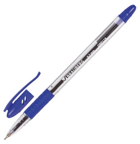 Ручка шариковая масляная с грипом BRAUBERG Glassy, синяя, корпус прозрач,0,7мм, линия 0,35мм, 142698