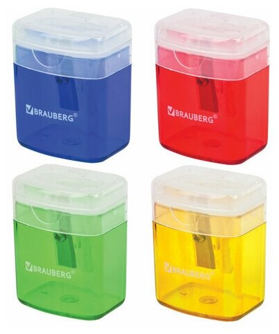 Точилка BRAUBERG "OfficeBox", с контейнером и крышкой, прямоуг, в упаковке с подв, ассорти, 222494