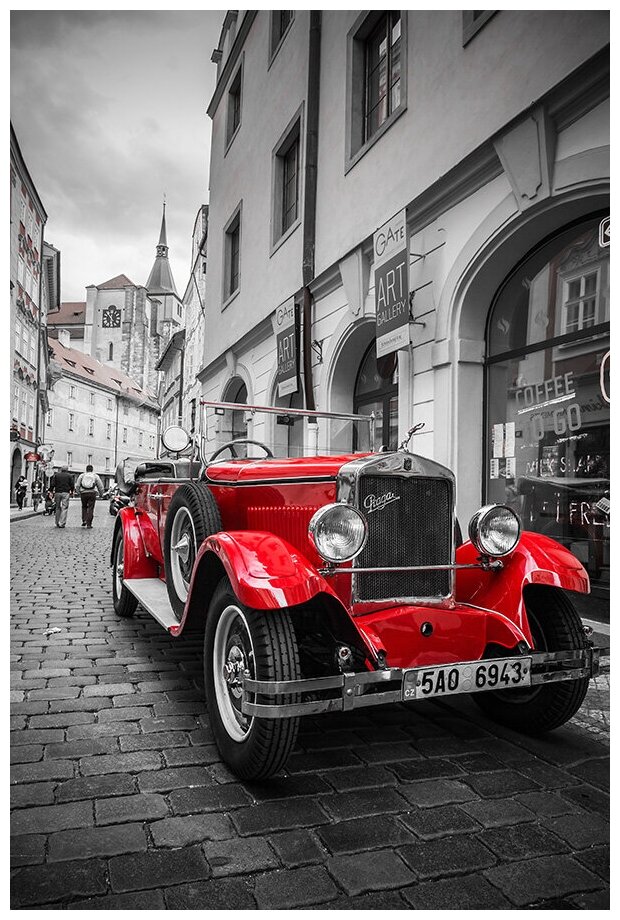 Фотообои Уютная стена "Красный ретро автомобиль на фоне Праги" 180х270 см Виниловые Бесшовные (единым полотном)