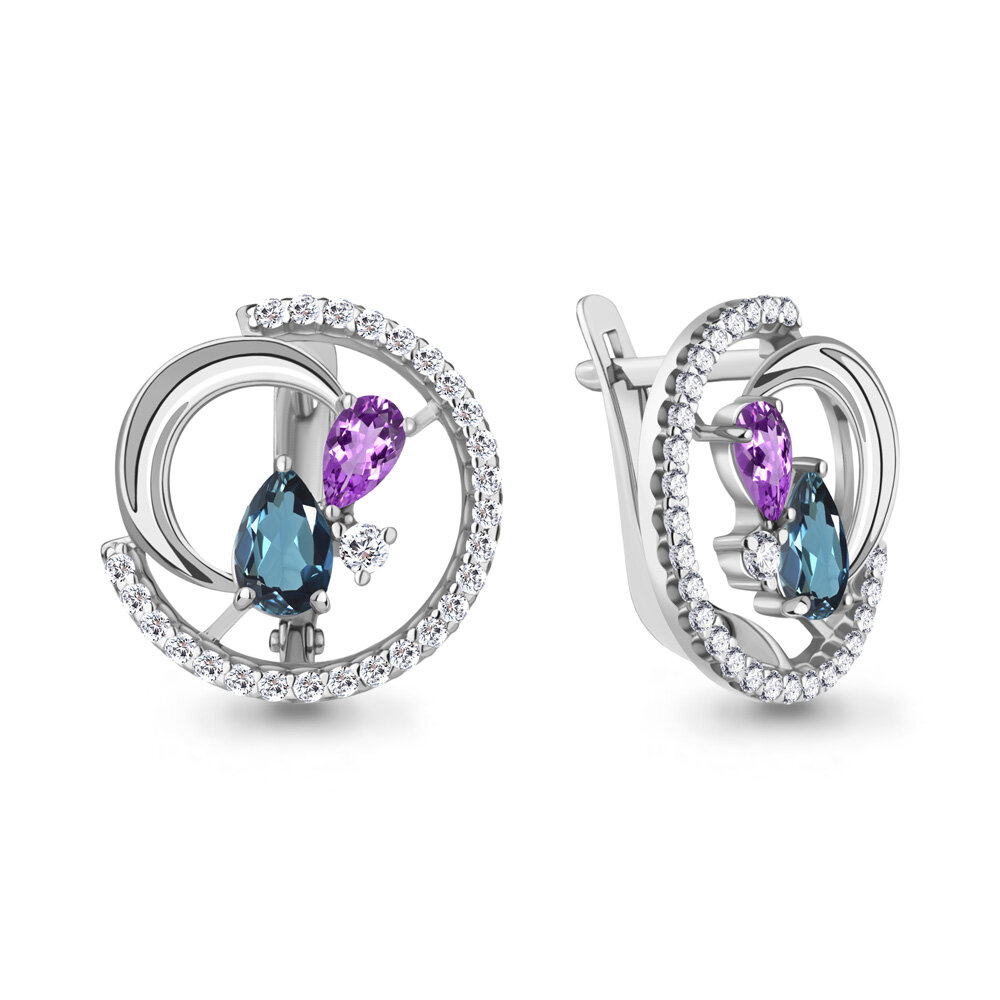 Серьги, серебро, 925 проба, Лондон топаз, аметист, фианит
