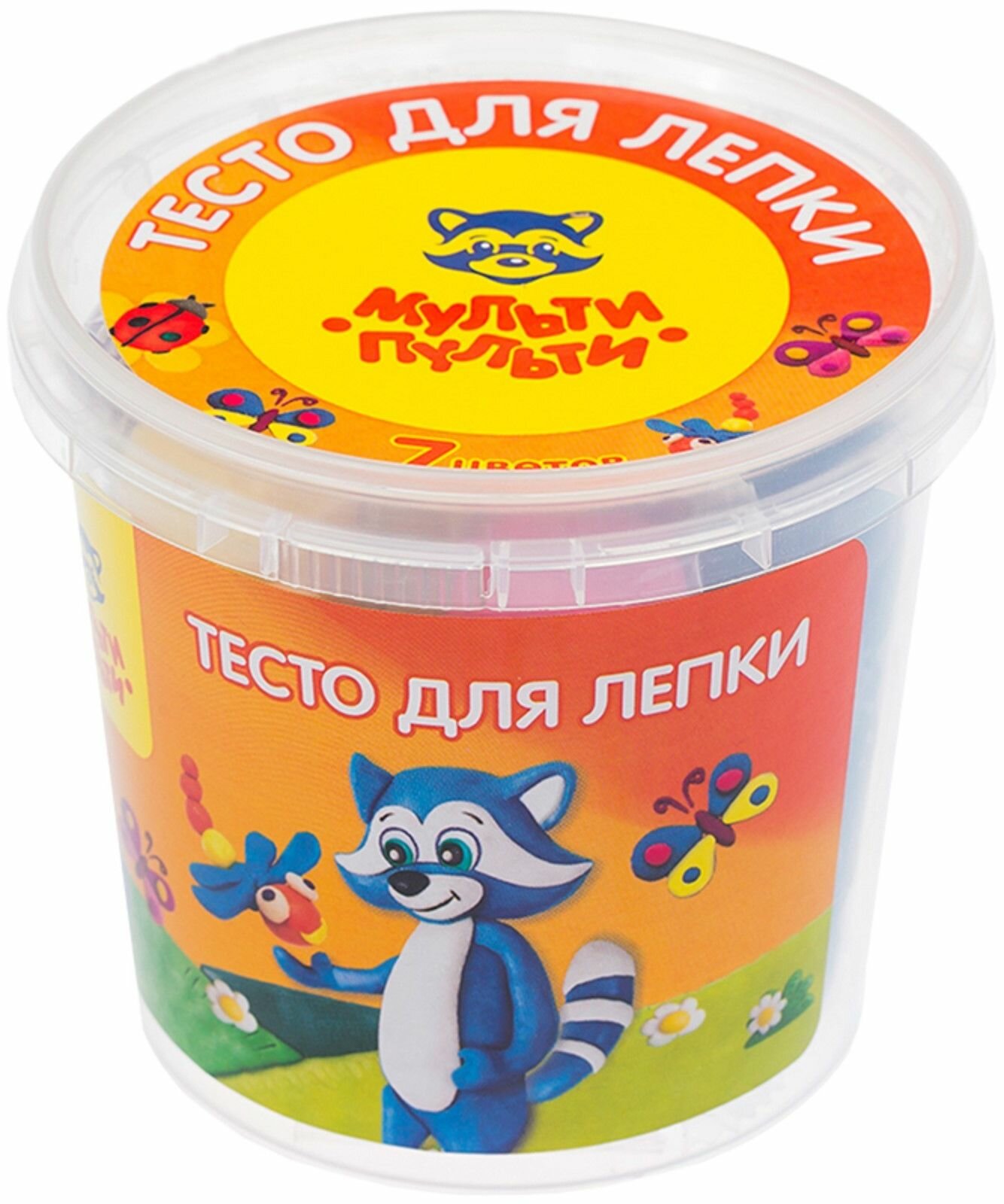Тесто для лепки "Енот в деревне", 7 цветов по 30 г, для поделок и детского творчества, для школы и уроков труда, в пластиковом ведерке