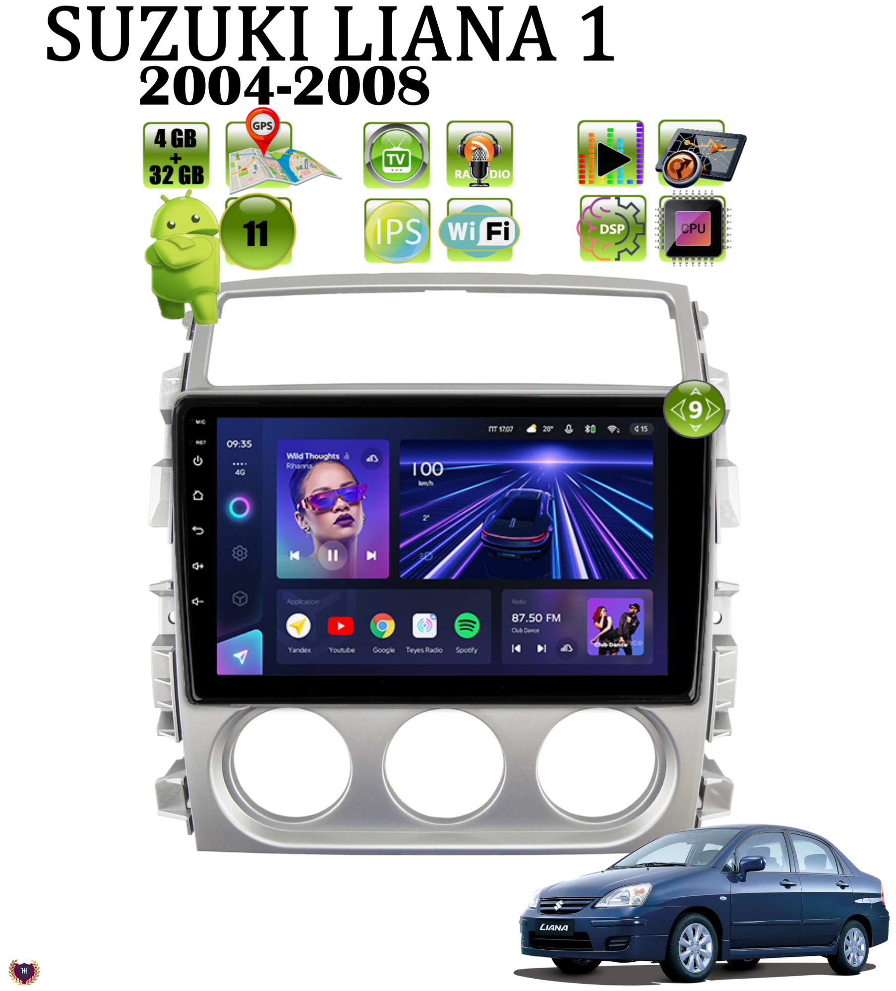 Автомагнитола для Suzuki Liana (2004-2008), Android 11, 4/32 GB, GPS, Bluetooth, WiFi, IPS экран, FM, TV, сенсорные кнопки, поддержка кнопок на руле