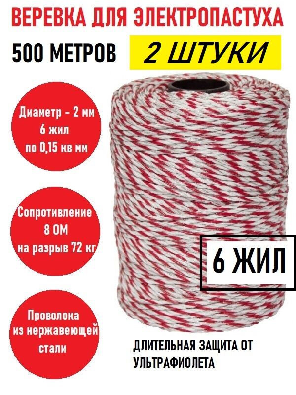Веревка (провод) для электропастуха (2 штуки) 2 мм, 6 х 0,15 мм, катушка 500 м, сопротивление 8 Ом
