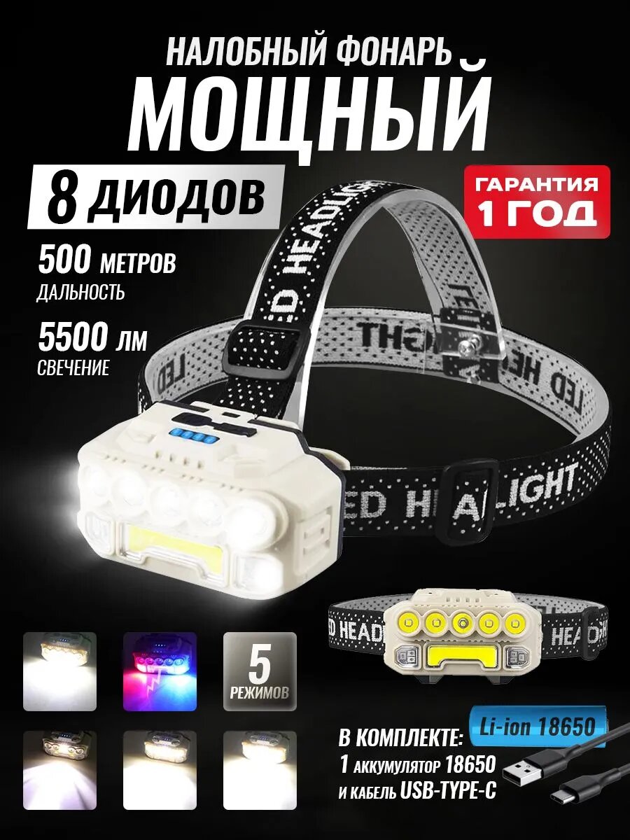 Фонарь налобный аккумуляторный 18650 LED с зарядкой