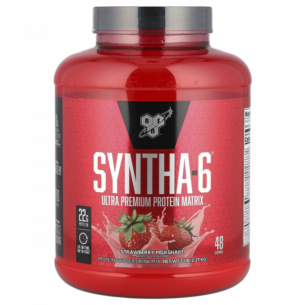 BSN, Syntha-6, протеиновая матрица премиального качества, клубничный коктейль, 2,27 кг (5 фунтов)
