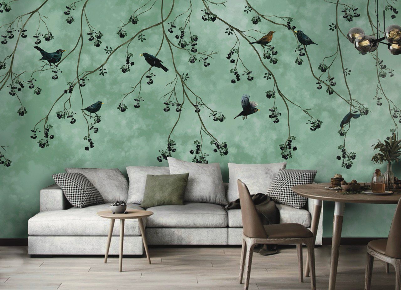 Фреска бесшовная "Черные дрозды" оливковый зеленый (ширина 2750мм х длина 2000мм)