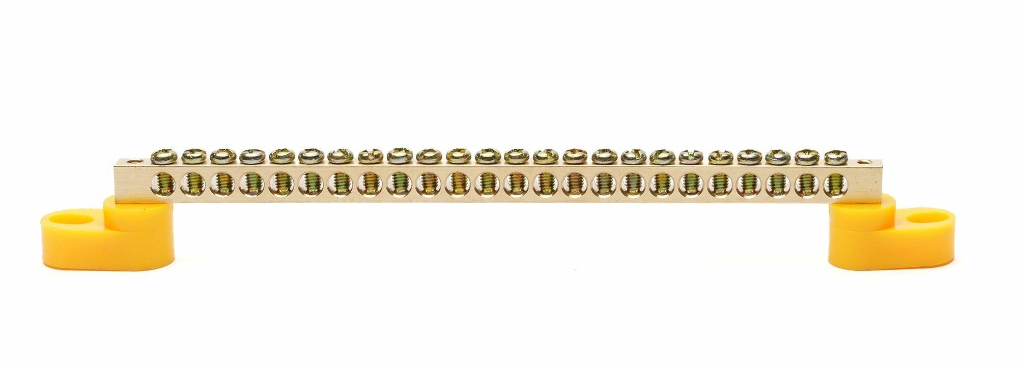 Шина "0" 6х9мм, 24 отверстий, латунь, 2 желтых угловых изолятора