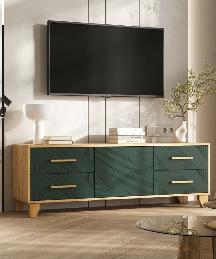 Тумба под телевизор Ирис, в цвете: Браш Мени Грин, Дуб Крафт