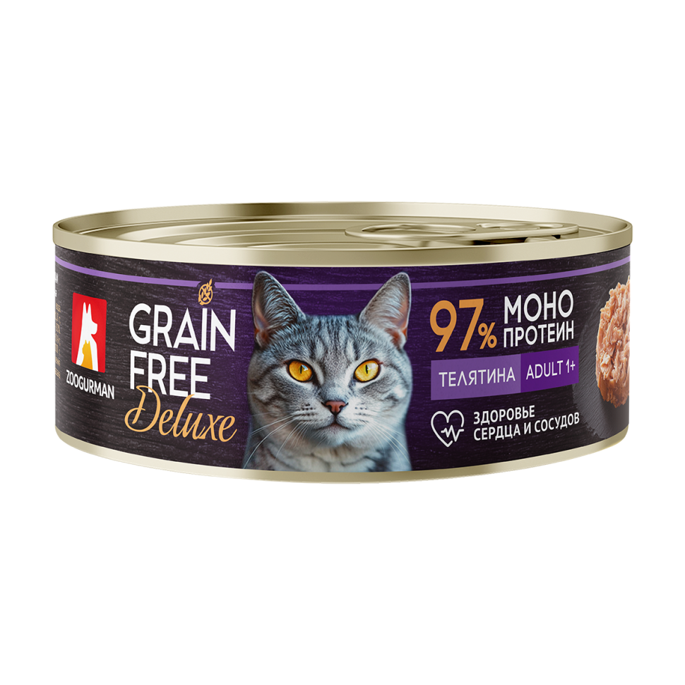 Зоогурман Grain Free Deluxe влажный корм для взрослых кошек с телятиной, в консервах - 100 г x 6 шт