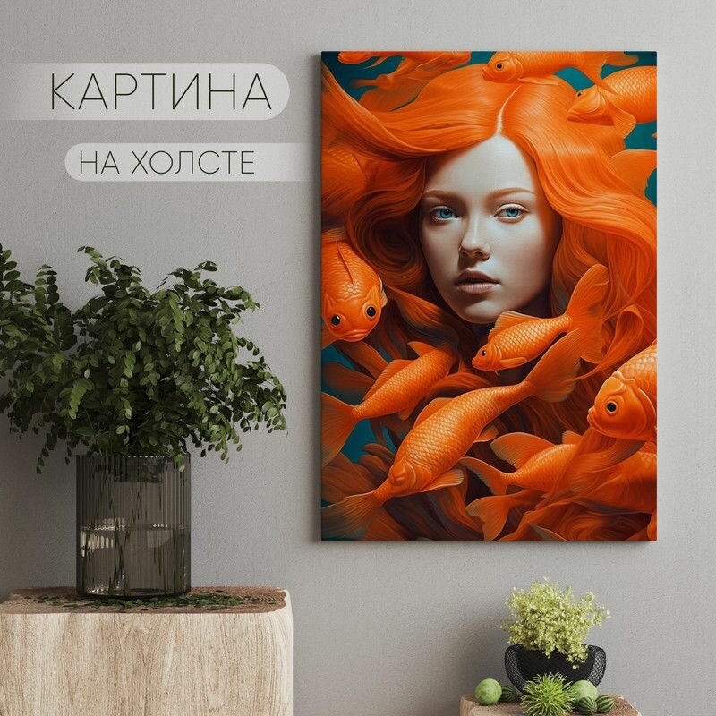 Картина на холсте Девушка с рыбами Сюрреализм (18) 20х30 см
