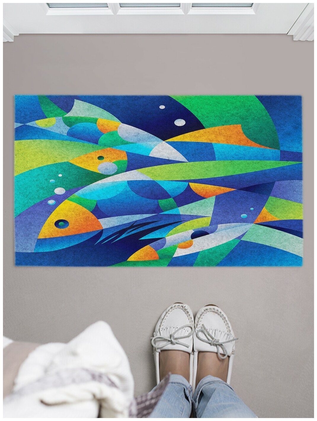 Коврик придверный в прихожую с принтом "Красочная иллюзия с рыбами" 45 на 75 см , JoyArty