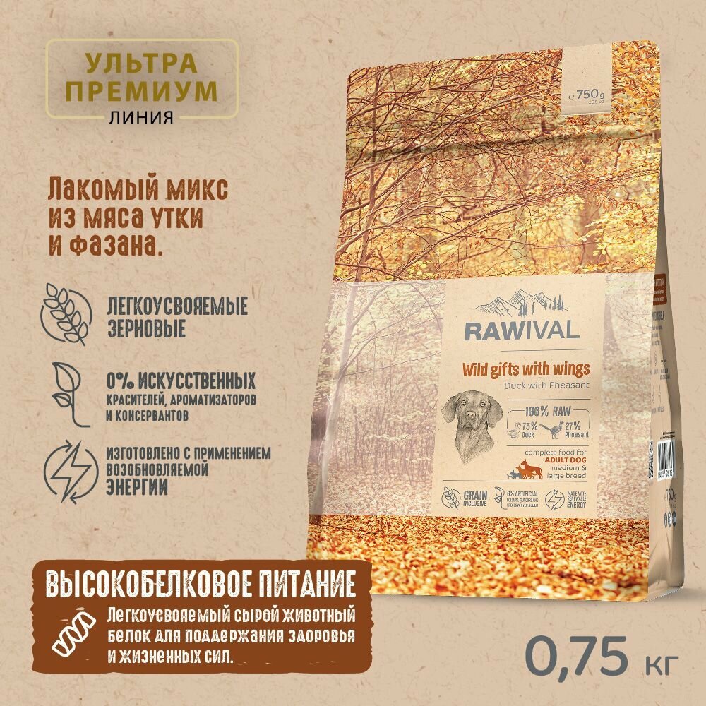 Сухой корм RAWIVAL Wild Gifts with Wings утка со вкусом фазана, для взрослых для собак средних и крупных пород, 750 г