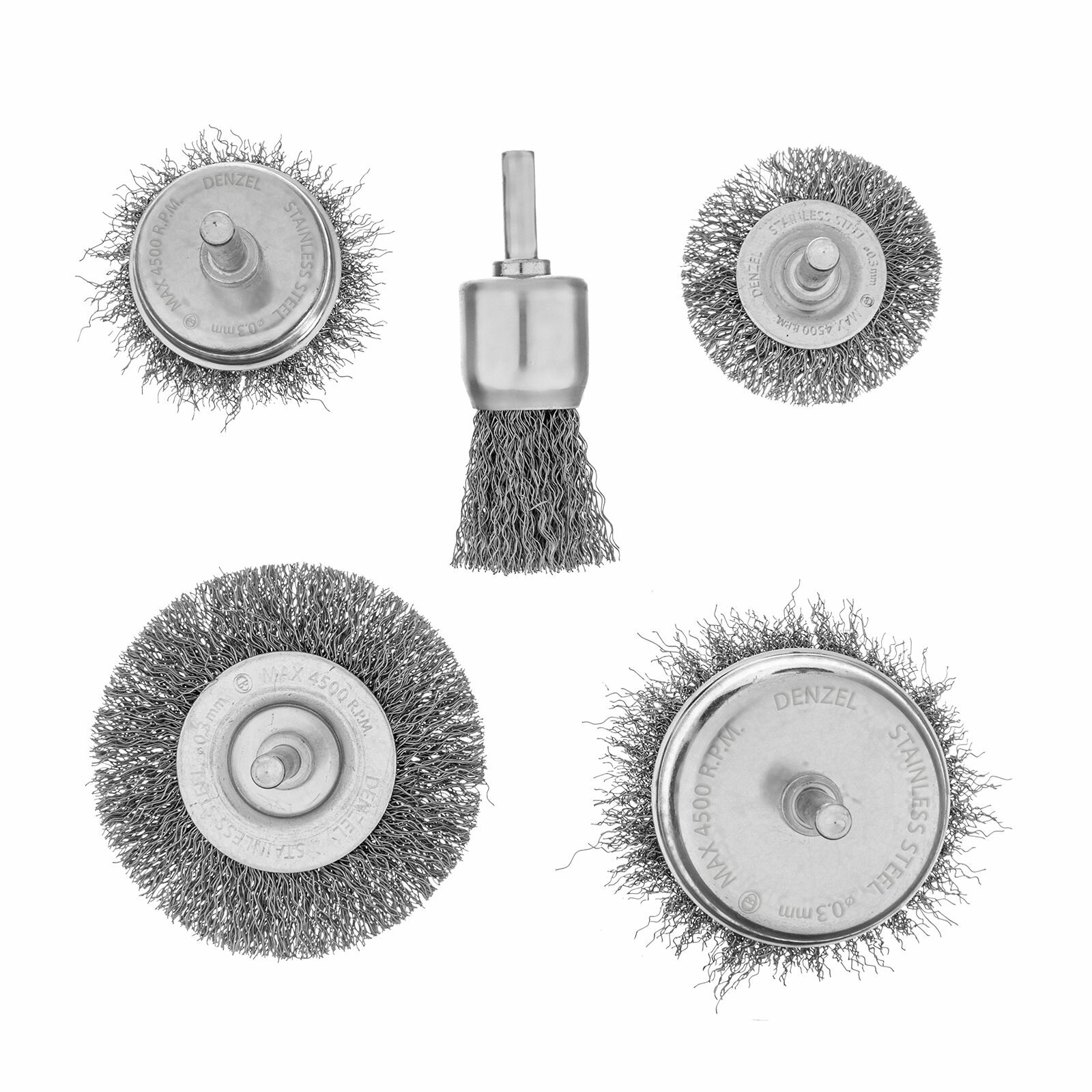Набор щеток для дрели, 2 Плоские 50-75мм, 3 Чашки 25-50-75мм, шпилька, нерж. вит. проволока Denzel