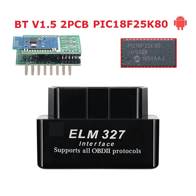 ELM327 Bluetooth OBD2 Сканер PIC18F25K80 BT V1.5 2PCB