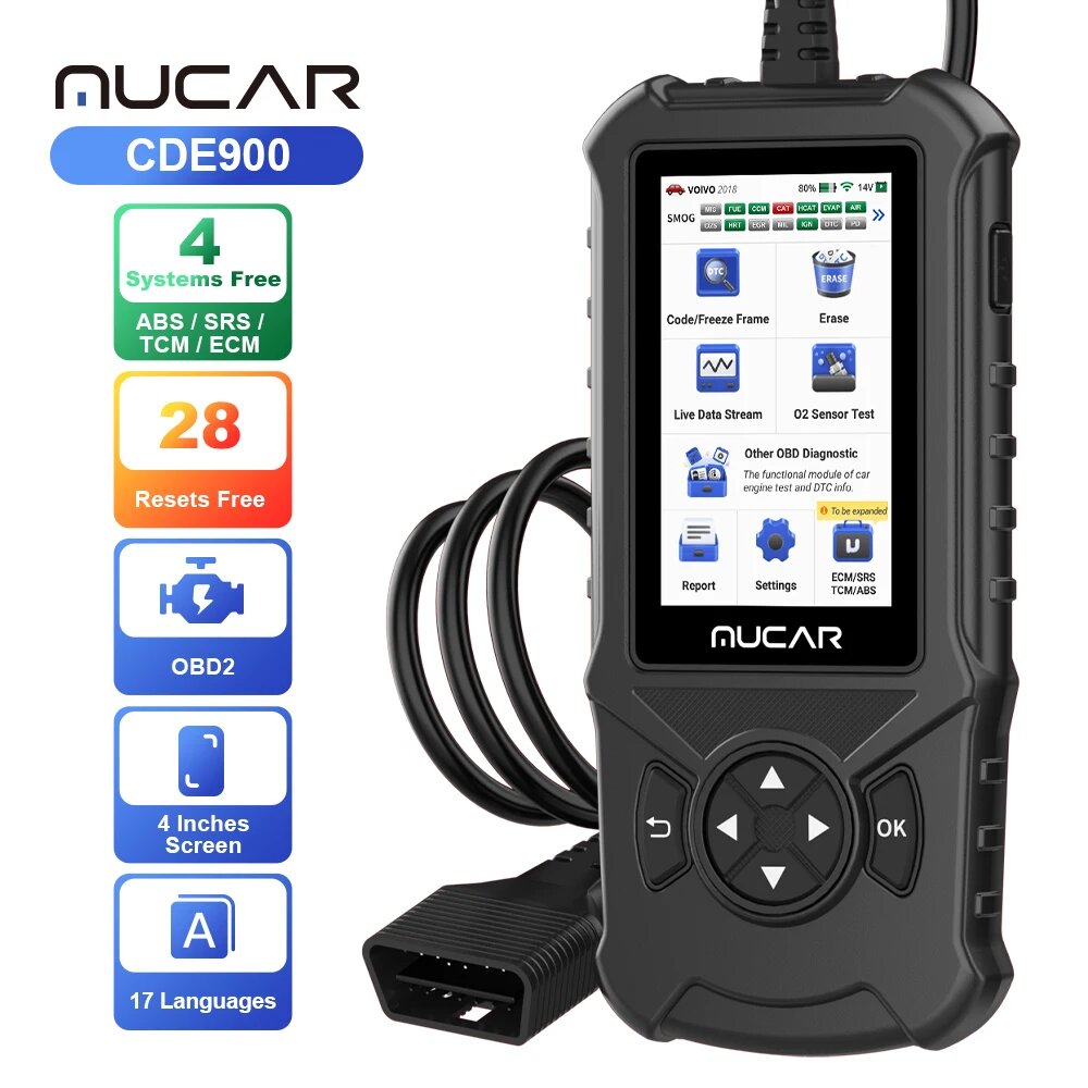 MUCAR CDE900 OBD2 сканер с 4 системами и 28 сбросами