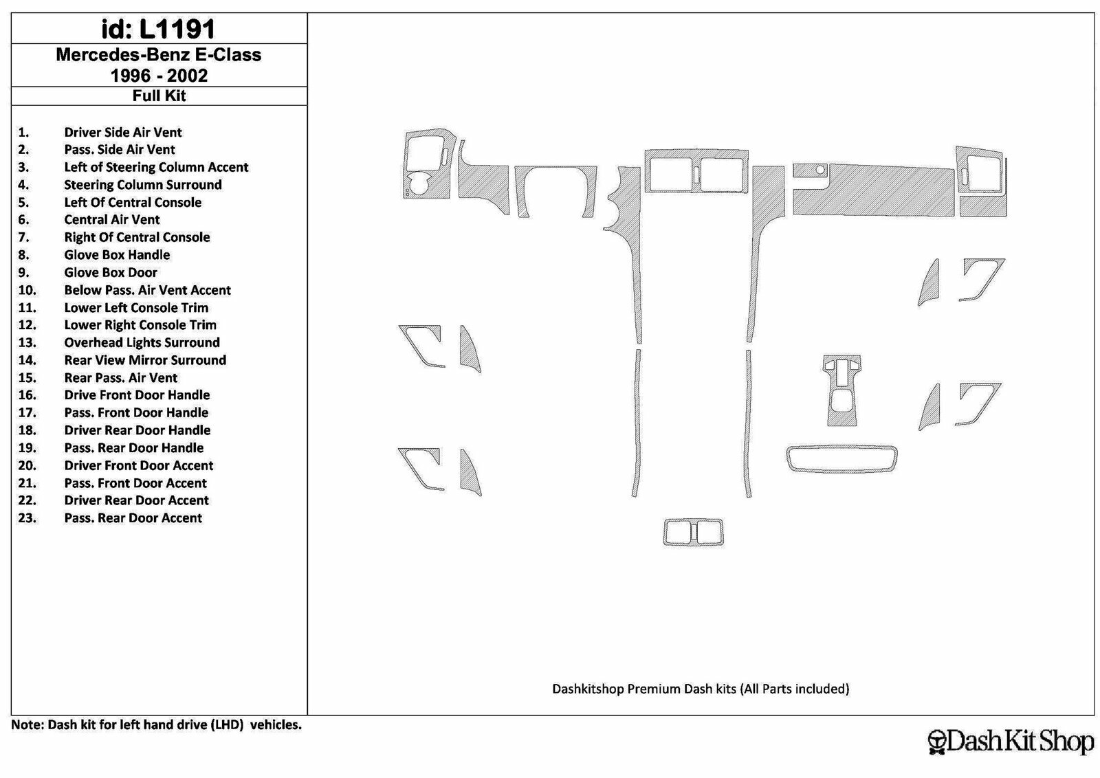 Накладки салона под дерево, карбон, алюминий для Mercedes Benz E Class 1998-2002. Комплект L1191.