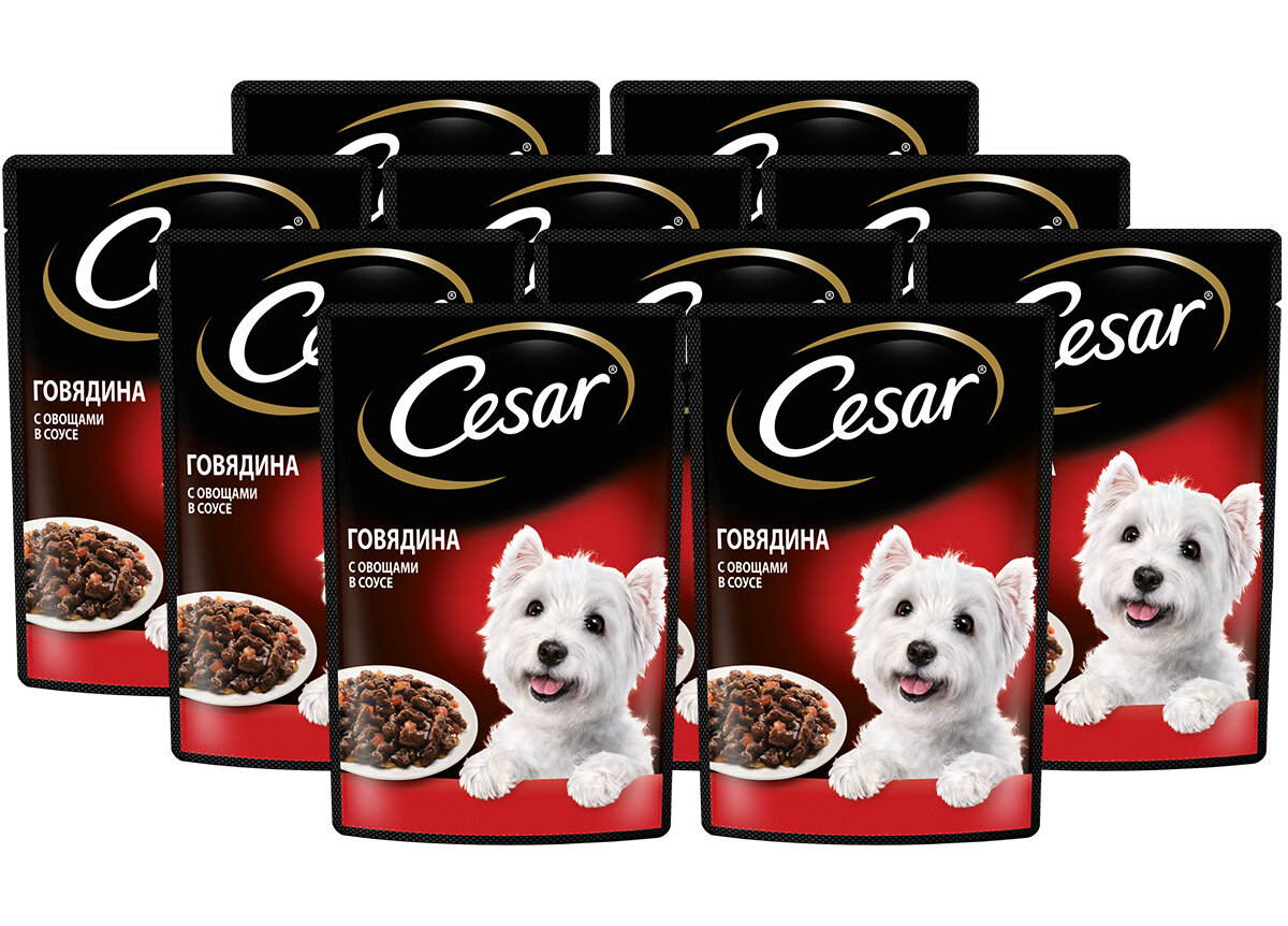 Влажный корм Cesar для взрослых собак маленьких пород с говядиной и овощами в соусе пауч, 85 гр х 10 шт