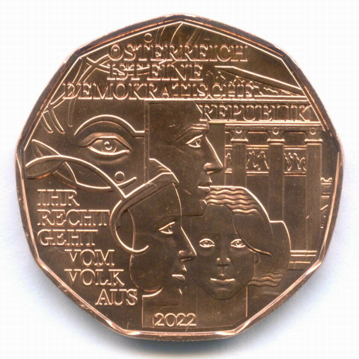 5 евро 2022 год. Австрия. Демократия. Медь UNC