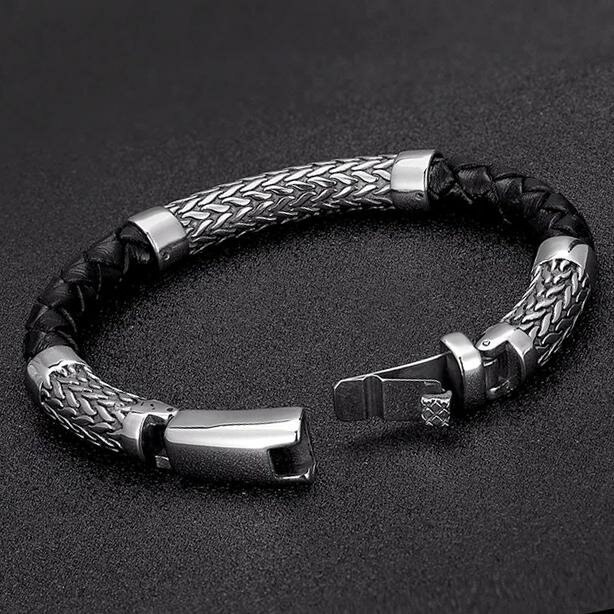 Жесткий браслет, кожа, металл