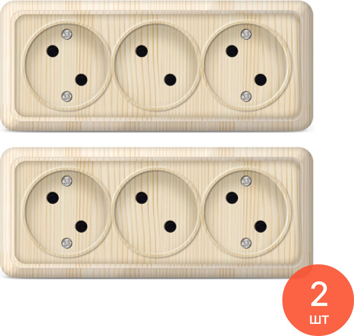 Розетка силовая штепсельная UNIVersal / Юниверсал Олимп 16А 220В ОП сосна, 3-местная/еврослот без заземляющих контактов, 1172 (комплект из 2 шт)