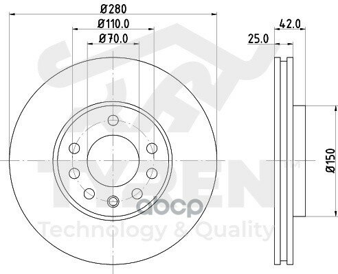 Диск тормозной Opel Astra G, H 98>, Zafira A, B 99>, Opel Meriva A, B 03> TYREN арт. TYR1016531