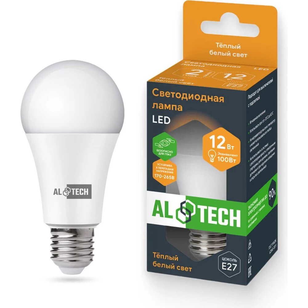 Лампочка светодиодная ALTECH LED Р60-12W-830-E27 12Вт груша теплый белый свет 4673758070234