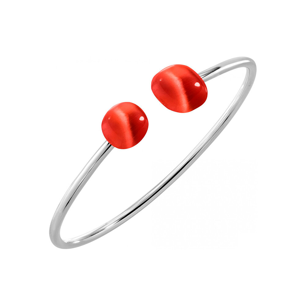 Жесткий браслет, серебро, 925 проба, родирование, кошачий глаз синтетический