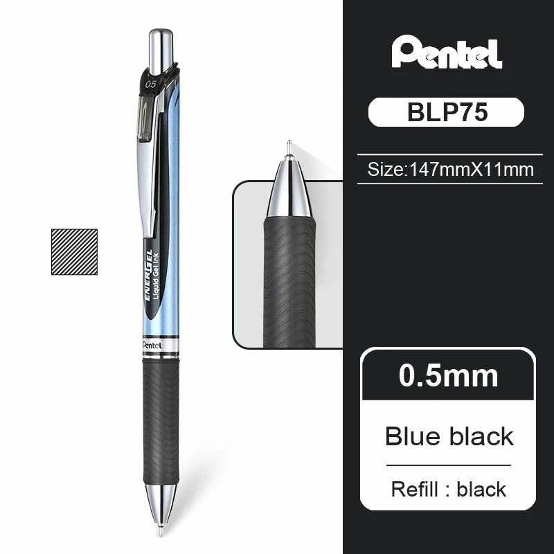 12 шт, японская нейтральная ручка для подписи Pentel ENERGEL Clena BLN75, гладкая и быстросохнущая, 0,5 мм.