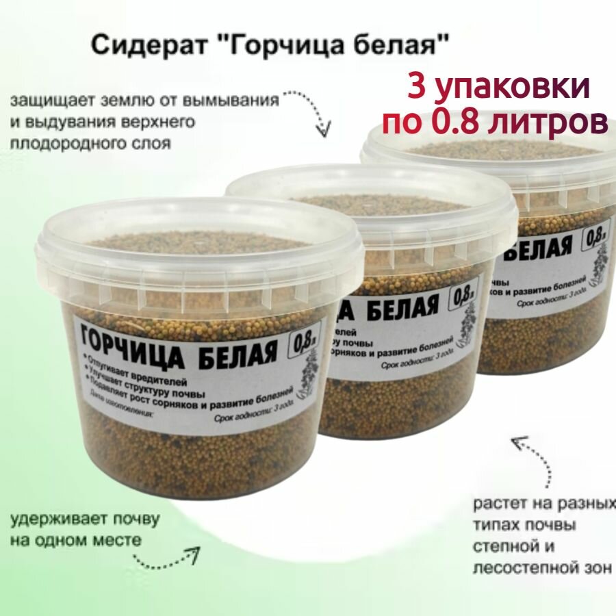 Сидерат "Горчица белая", 3 ведра по 0.8л - способствует разрыхлению почвы, улучшению ее аэрации, подавляет рост сорняков.